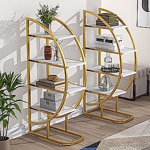 Merax Round Bookshelf Storage Display Shelf Organizer, 4 Tiers L Shaped Corner Bookcase Shelving Unit for Home Office, White, Gold