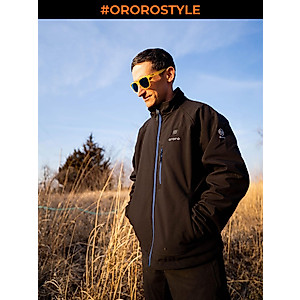 ORORO Men's 4 Heat-Zone Heated Jacket with Battery, Soft Shell Heated Jacket with Detachable Hood (Black/Blue, 2XL) (Charger Not Included)