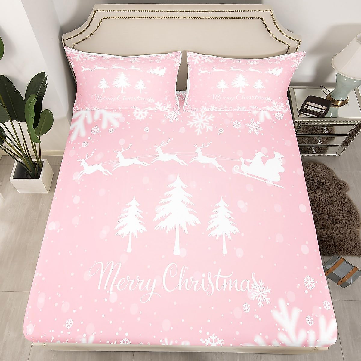 Pink Christmas Bed Sheets Set Merry Christmas Tree Sheet Set for Kids Boys Girls Teens Room Decorations Santa Claus Sheets with Deep Pocket Fitted Sheet Full Size Xmas Deer Elk Bedding Set 4Pcs