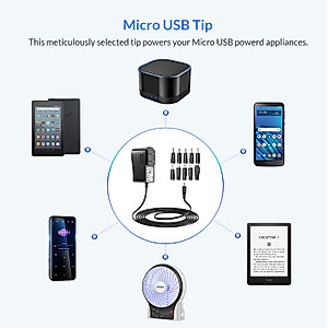 Nextbook Tablet Charger Adapter 5V 3A 2A 2.5A 1A AC DC Adapter w/ 8 Tips for Amazon Fire USB Hub TV Box LED Pixel Light Camera Speaker GPS Toys Webcam Router Power Supply Cord