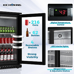 KICHKING 7.4 Cu.Ft Back Bar Cooler 35.4" W Beverage Refrigerator, 2 Low-E Glass Doors, Counter Height Bar Fridge, Commercial Display Refrigerator Anti-Fog, LED Light Beer, Wine, Soda, Soft Drinks