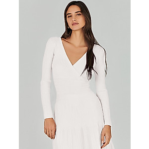 ANRABESS Womens Wrap Midi Sweater Dresses Long Sleeve V Neck Bodycon High Waist Ribbed Knit Pleated A-Line Dress 2024 Trendy X-Large White