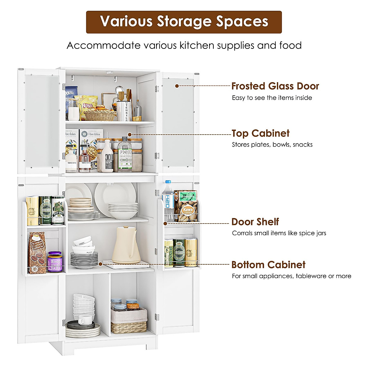 BOTLOG Tall Kitchen Pantry, 67-Inch High Freestanding Tall Cupboard Storage Cabinet with Glass Doors and Shelves, Modern Food Pantry Cabinet Cupboard White for Kitchen, Dining Room, Home bar