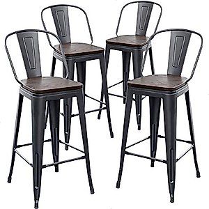 Aklaus Metal Bar Stools Set of 4,30 inch Barstools Bar Height Bar Stools with Backs Farmhouse Bar Stools with Larger Seat High Back Kitchen Dining Chairs Modern Bar Chairs Matte Black Stools