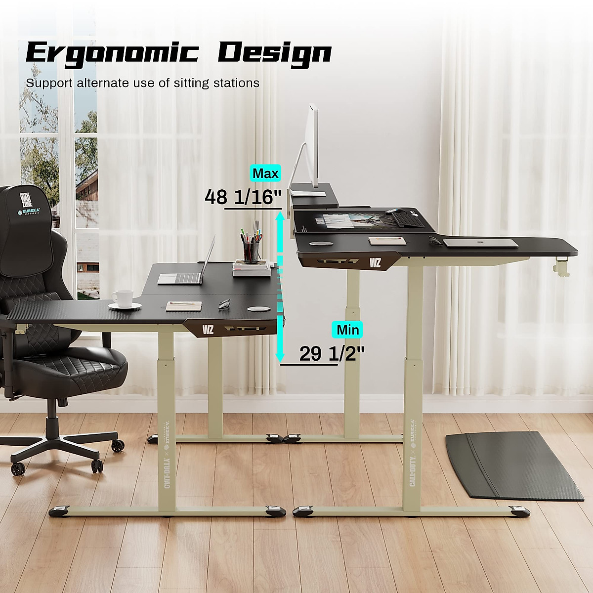 L Shaped Electric Height Adjustable Standing Desk Keyboard Tray,61" Stand Up Corner Computer Desk,Dual Motor Sit Stand Home Office Desk with Monitor Riser Memory Preset Mouse Pad RGB Lights