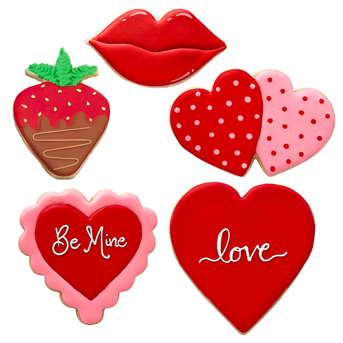 Valentines Day Cookie Cutters 5-Pc. Set Made in USA by Ann Clark, Heart, Strawberry, Scalloped Heart, Lips, Double Heart