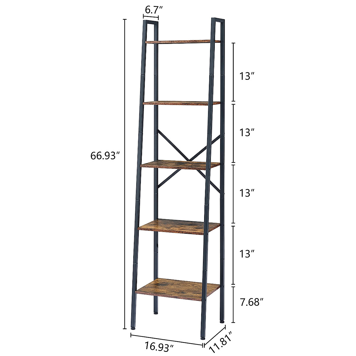 Hoctieon Industrial Ladder Bookshelf, Multifunctional Ladder Shelf, 5-Tier Tall Bookshelf, Open Ladder Shelf Bookcase, for Living Room, Home Office, Kitchen, Bedroom, Metal Frame, Rustic Brown