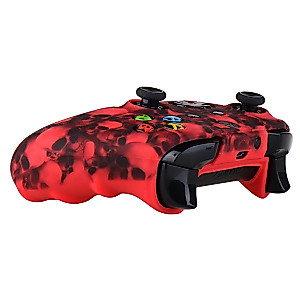 YoRHa Water Transfer Printing Skull Silicone Cover Skin Case for Microsoft Xbox One X & Xbox One S Controller x 1(red) with PRO Thumb Grips x 8