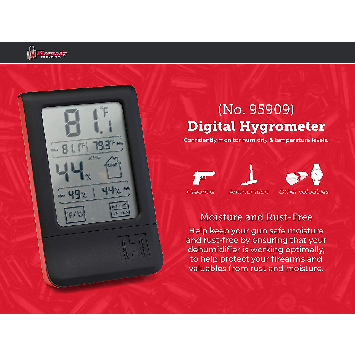 Hornady Digital Hygrometer, 95909 - Indoor Temperature and Humidity Monitor with Touchscreen LCD Display - Ideal Room Thermometer Hygrometer for Gun Safes & Cabinets, Closets, Workbench & More