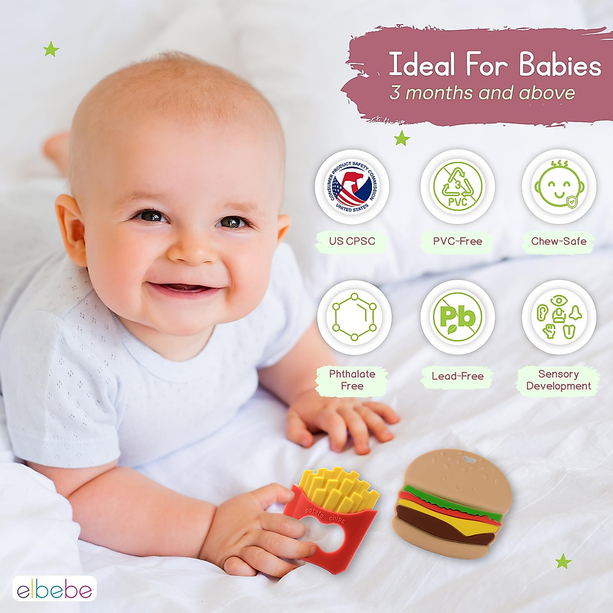 Elbebe Silicone Teething Toys - Baby Teething Toys - Baby Teether - Silicone Teethers for Babies - Baby Chew Toys - Silicone Baby Teether - Infant Teething Toys - Hamburger & Fries - Set of 2