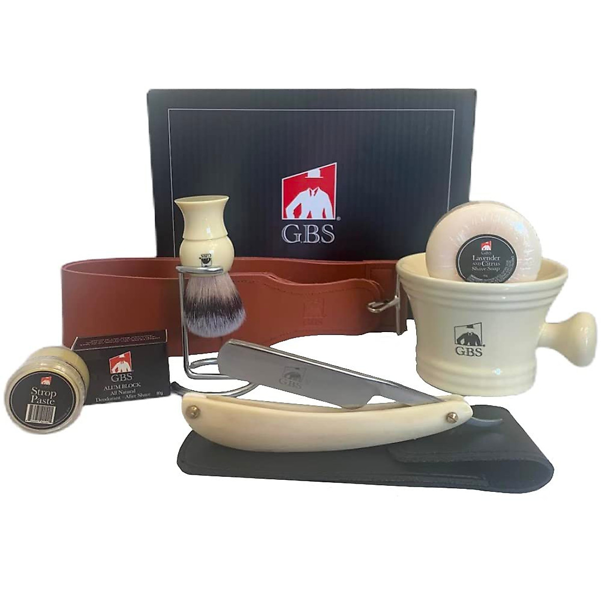 G.B.S Stylish Shaving Set - Shave Ready Straight Razor, Honing Sharpening Strop, Straight Razor Leather Case, Ceramic Mug Brush with Stand, Alum, Shaving Soap & Strop Paste, Ivory