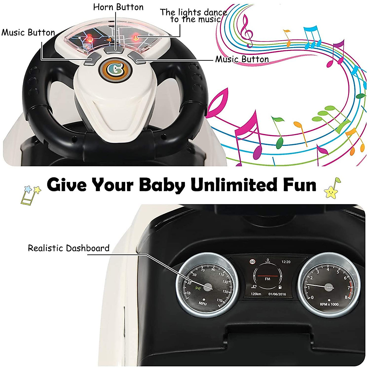 GLACER Push Cars for Toddlers 1-3, 3-in-1 Kids Sliding Car with Detachable Guardrail, Horn, Music, Lights, Storage Box and Anti-Roll Design, Ride on Push Car for Boys Girls(White)