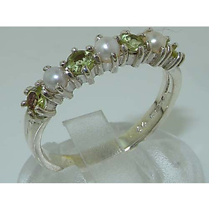 925 Sterling Silver Cultured Pearl & Peridot Womans Eternity Ring - Size 11.25