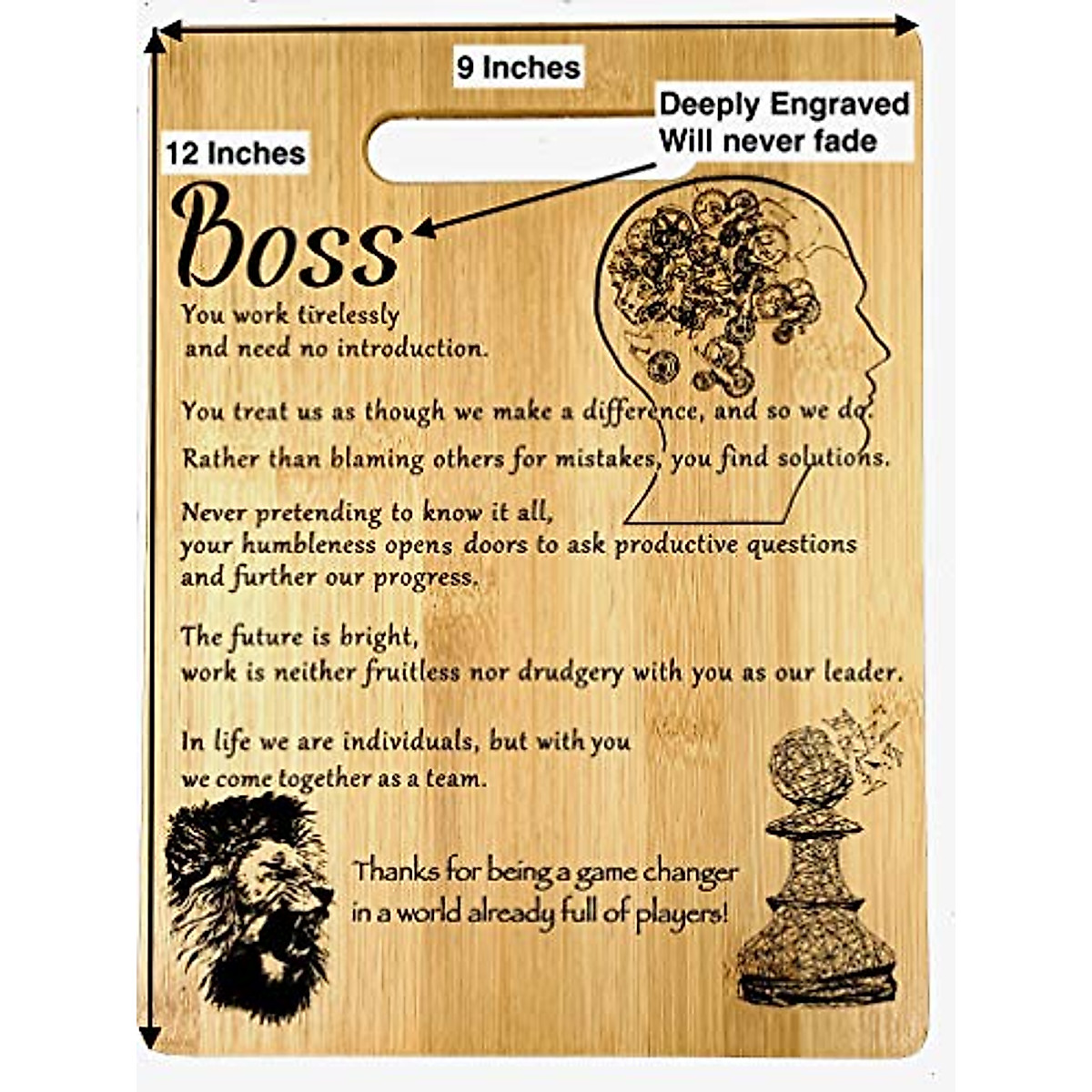 Boss Appreciation gift-Gift for leader, Manager-Engraved Bamboo Cutting board 9” x 12”