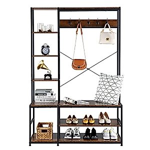 Entryway Hall Trees with Hooks, Storage Shelves and Shoes Bench, Freestanding Closet Organizer Clothes Rack with Coat Rack, Closet Garments Shelf for Hallway, Bedroom-Black Vingtage Walnut