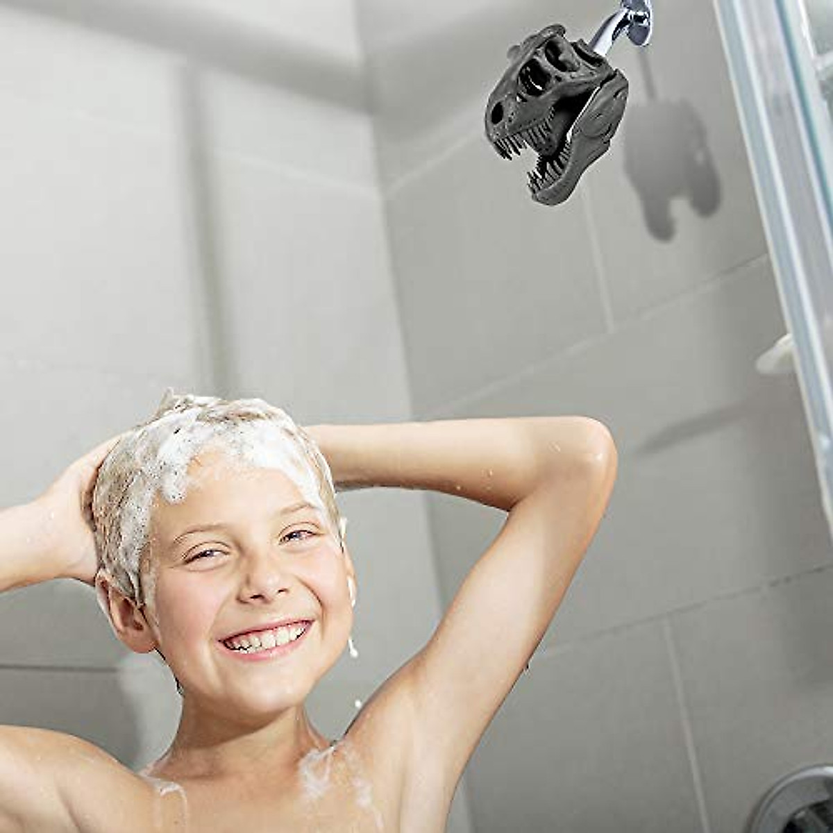 Funwares Wash n' Roar T-Rex Shower Head, Gray - Shower Nozzle Shaped like a Tyrannosaurus Rex Skull