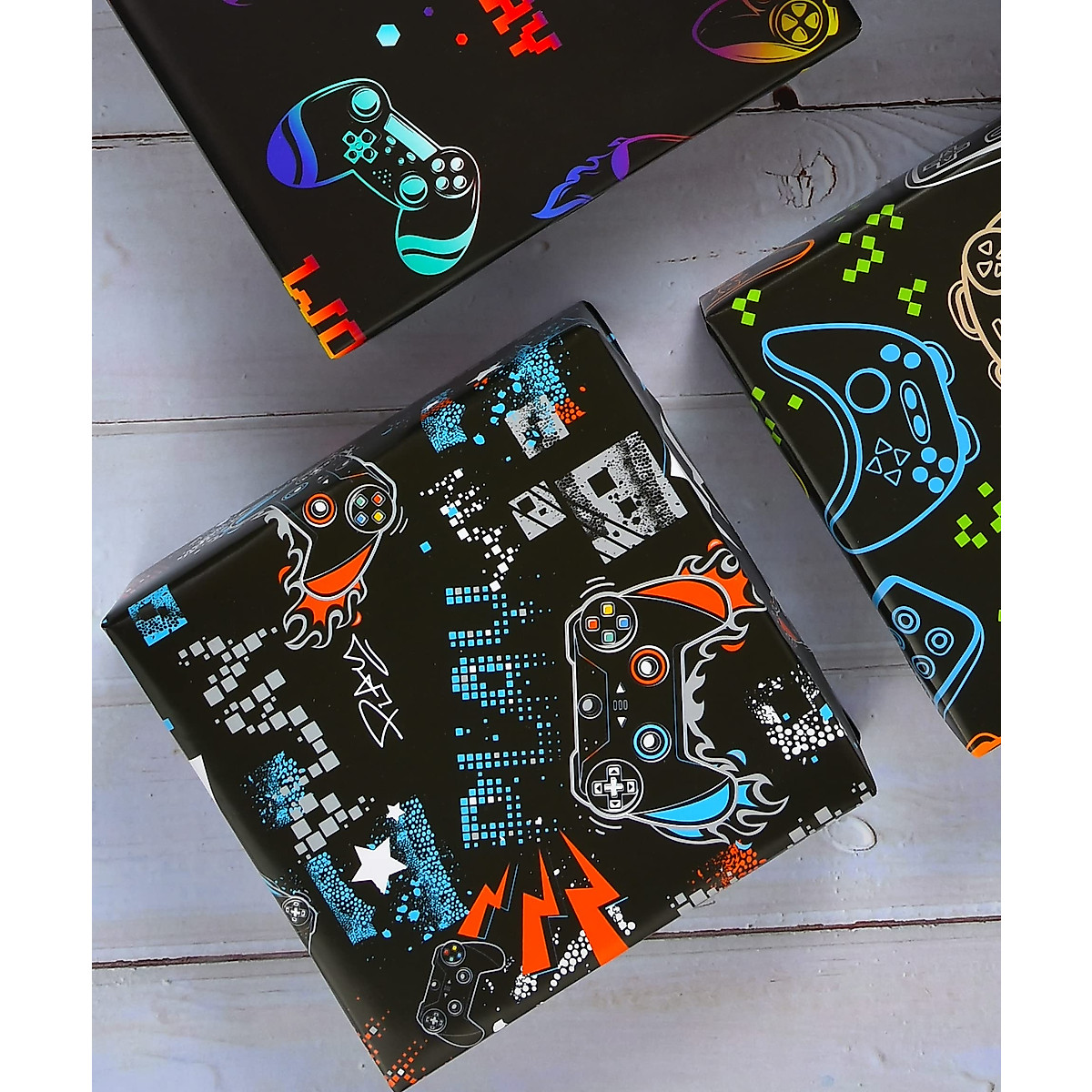 Titiweet Gaming Wrapping Paper - Birthday Wrapping Paper for Boys, 12 Sheets Video Game Wrapping Paper for Pokemon/Minecraft/Mario/Fortnite Lover, 20 x 28 Inches Per Sheet