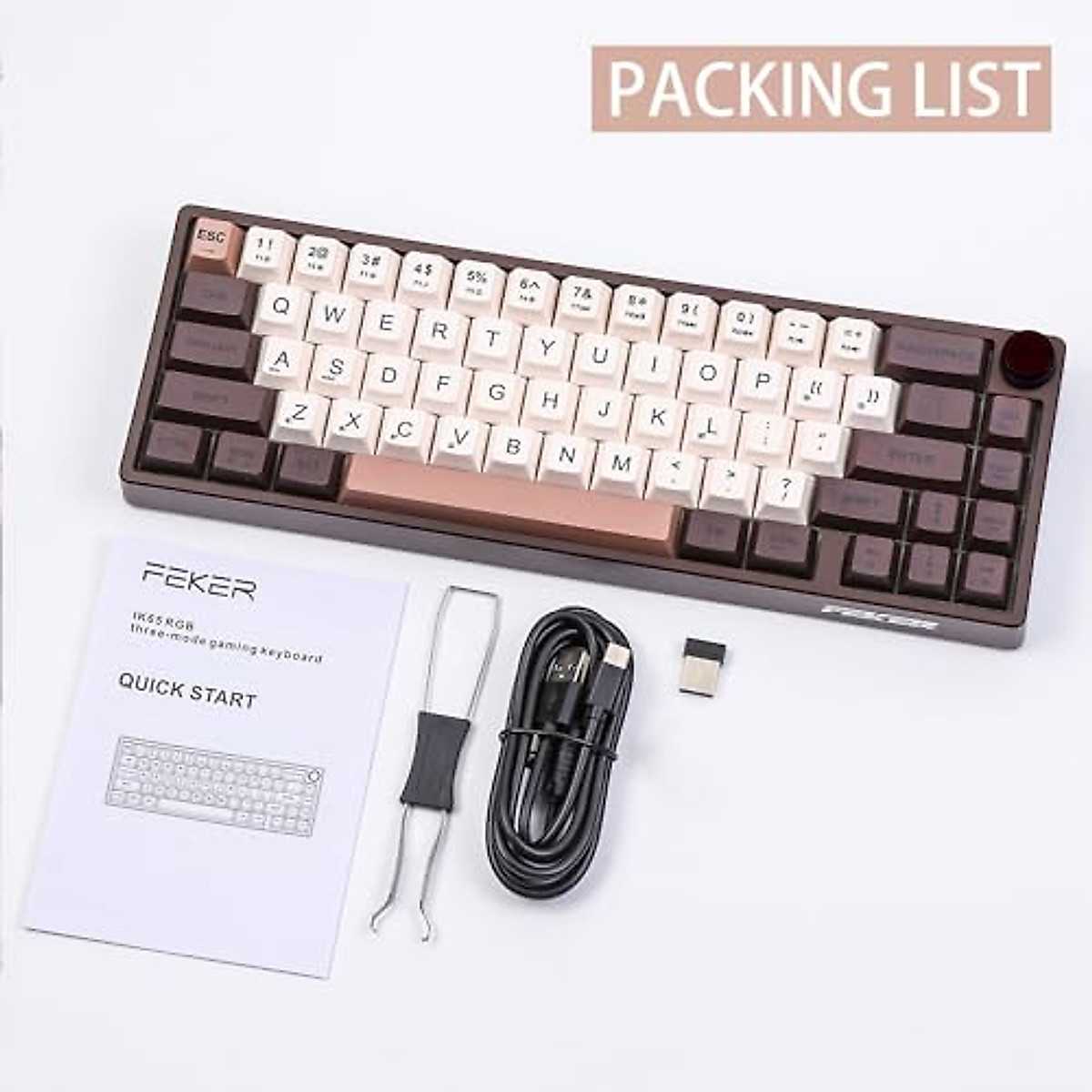 Feker IK65 VIA Programmable 2.4G/BT5.0/USB-C Mechanical Keyboard, 65% Hot Swappable Gasket-Mounted, with Sound Dampening Foams Kit, Volume-Control Knob, 4000mAh Battery, RGB for Win/Mac (Brown Knob)