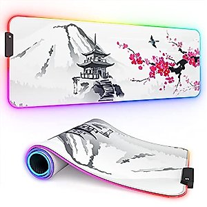 ITNRSIIET RGB Gaming Mouse Pad, Full Desk XL Extended Large Gaming Mousepad, 12 Lighting Modes 30% Thicker Big LED Desk Mat for Gamers, 32 x 12 inches, Japanese Mount Fuji Sakura