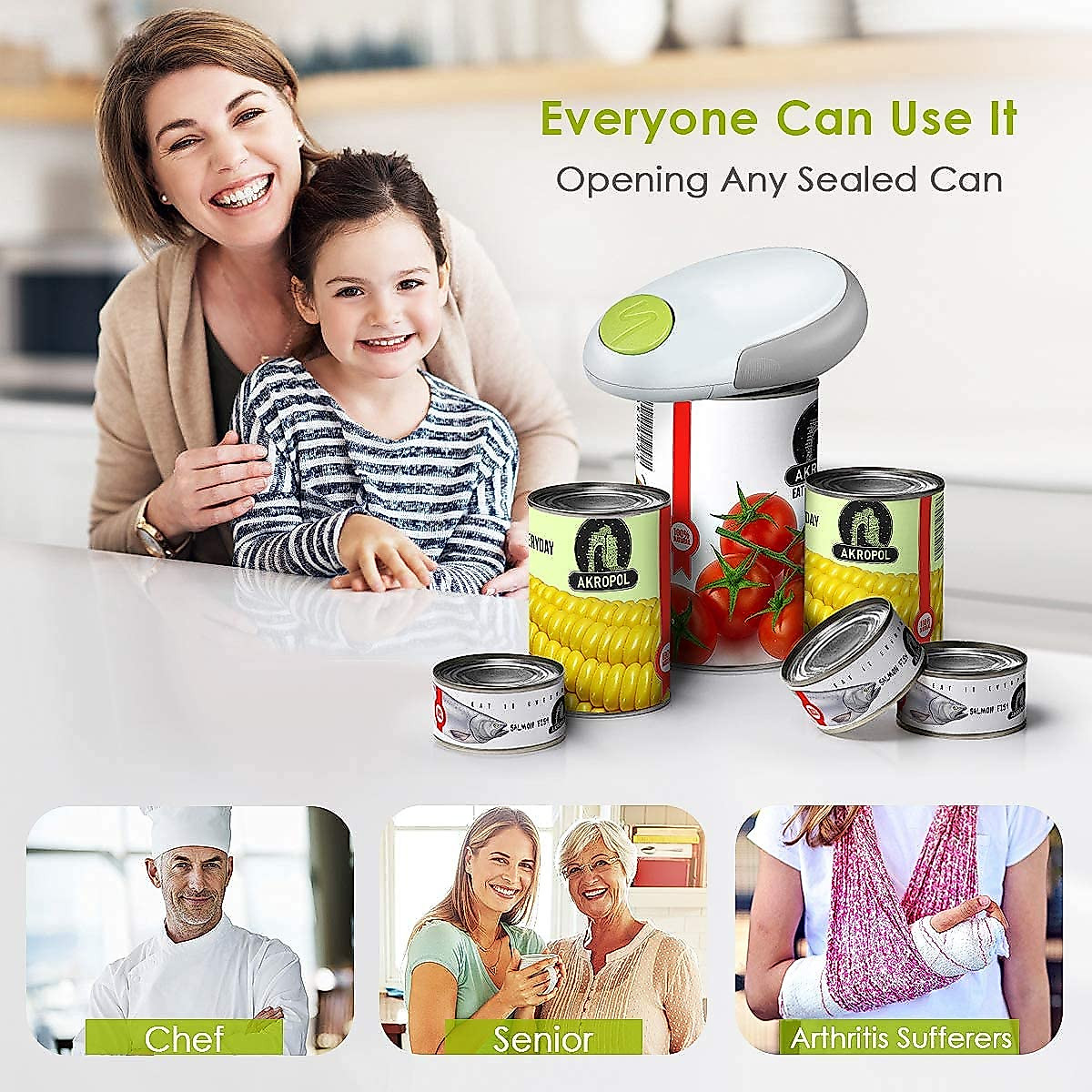 NOLTSE Electric Can Opener, Safety Can Opener Smooth Edge, A button to Open Your Cans, No Sharp Edge, FoodSafe, Battery Operated, Mini Can Opener Electric Kitchen, 2021White