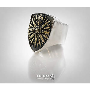 SILVERLAND1 Vintage Compass Fleur de Lis Brass & Solid Sterling Silver 925 Shield Ring by Ezi Zino (13)