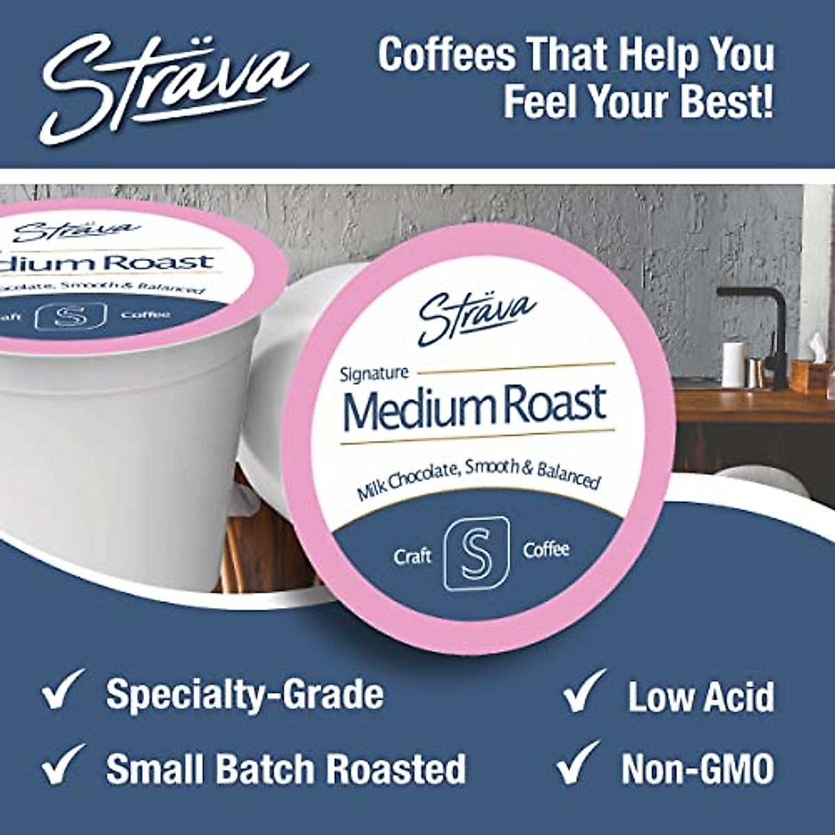 Sträva Signature Low Acid Coffees K Cups: Café Quality with Vibrant Flavor and Aroma. Fresh Roasted, Small-Batch, Specialty-Grade, 100% Arabica Coffee, High Antioxidant, Non-GMO, Gentle on the Belly, Single-Serve K Cup (Medium Roast Colombian)
