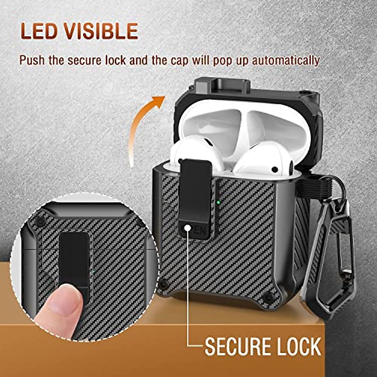 R-fun Airpods Case Cover with Automatic Secure Lock Clip, Protective Rugged Hard Shell for Apple Airpods 2nd & 1st Generation Charging Case with Carbon Fiber Keychain-Black