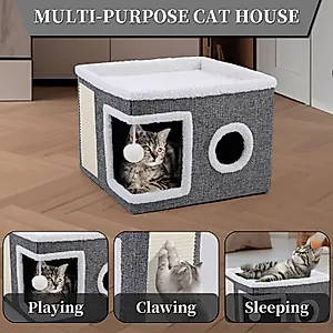 Cat Beds for Indoor Cats, Large Cat Cave with Cozy Condo, Fluffy Hanging Ball, Round Window, Foldable Indoor Cat House Hold Up to 30LBS, Cat Hideaway with Double-Sided Soft Cushions for All Seasons