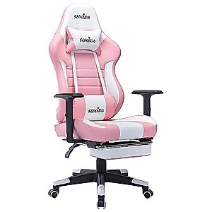 Game Chair with Footrest - Pink Gaming Chair with Massage, Swivel Ergonomic Video Gamer Chairs Leg Rest Height Adjustable Headrest Lumbar Support Backrest Recliner Esports for Adult