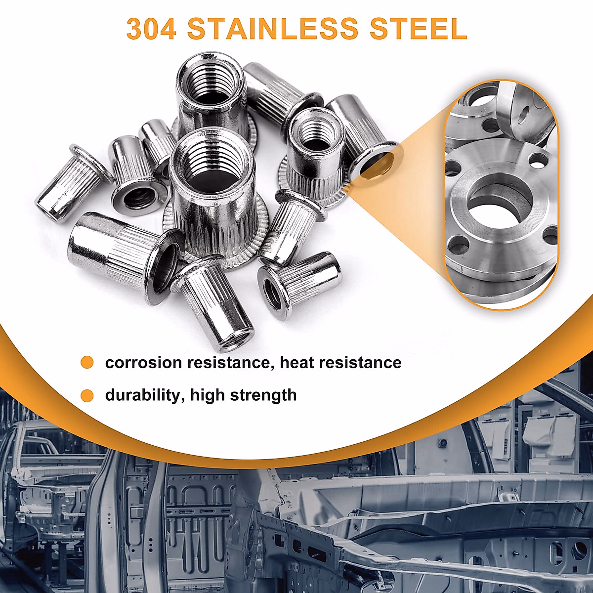 SAE Rivet Nuts Assortment, VIGRUE 185pcs #8-32#10-24 1/4"-20 5/16"-18 3/8"-16 304 Stainless Steel Nutserts Rivnuts Kit, Flat Head Threaded Insert Nut Assort