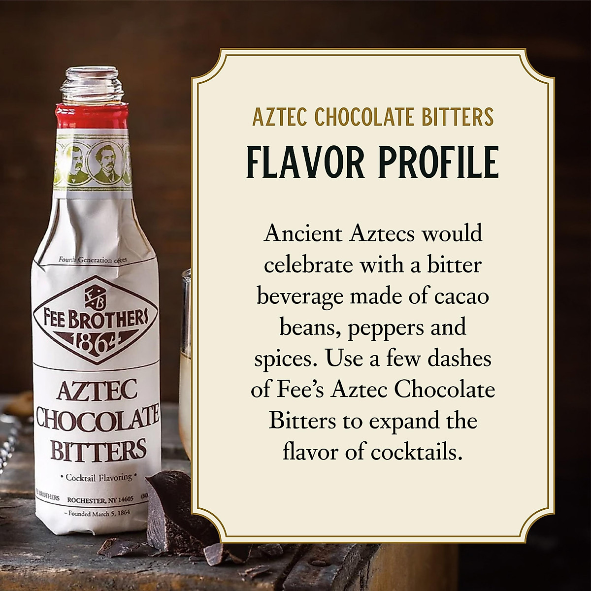 Fee Brothers Aztec Chocolate Cocktail Bitters - Aromatic Cocktail Mixer & Concentrated Flavoring, Gluten Free, Vegan-Friendly, 5 fl oz