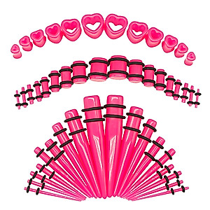 Marsrut 48 PCS Acrylic Gauge Kit Tapers Heart Tunnels Plug 14G-0000G Ear Stretching Set - PINK