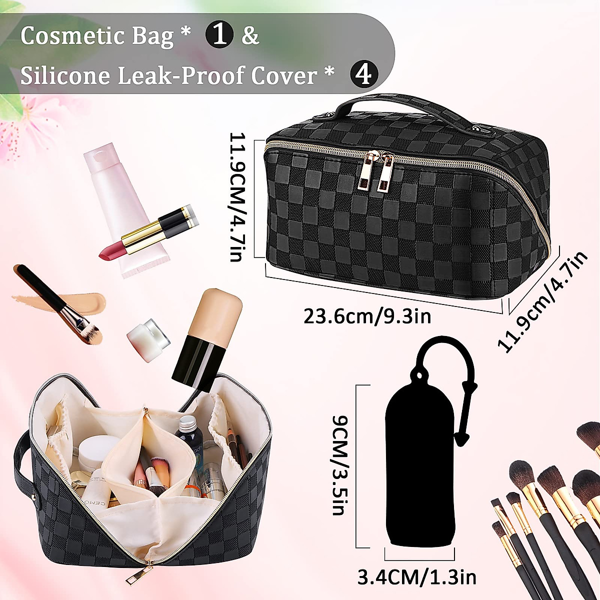 EVELOMO Large Capacity Travel Cosmetic Bag, PU Leather Waterproof Cosmetic Bag, Women Portable Travel Makeup Bag, Multifunctional Makeup Bag Organizer with 4 Silicone Leak Proof Sleeves (Black)