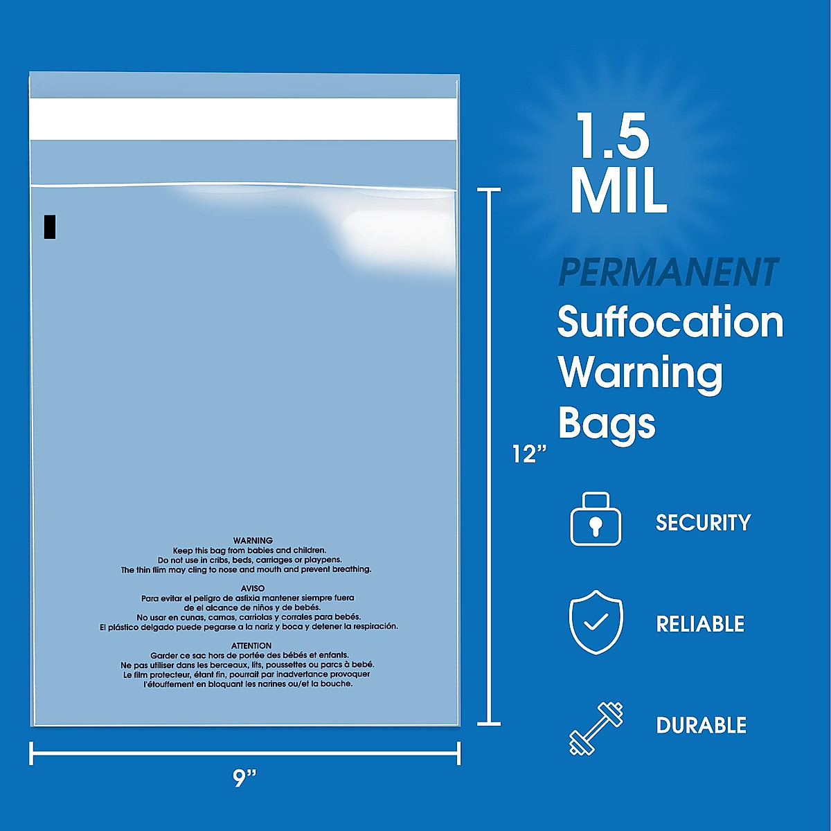 Spartan Industrial - 9” X 12” (100 Count) Self Seal Clear Poly Bags with Suffocation Warning for Packaging, T Shirts & FBA - Permanent Adhesive