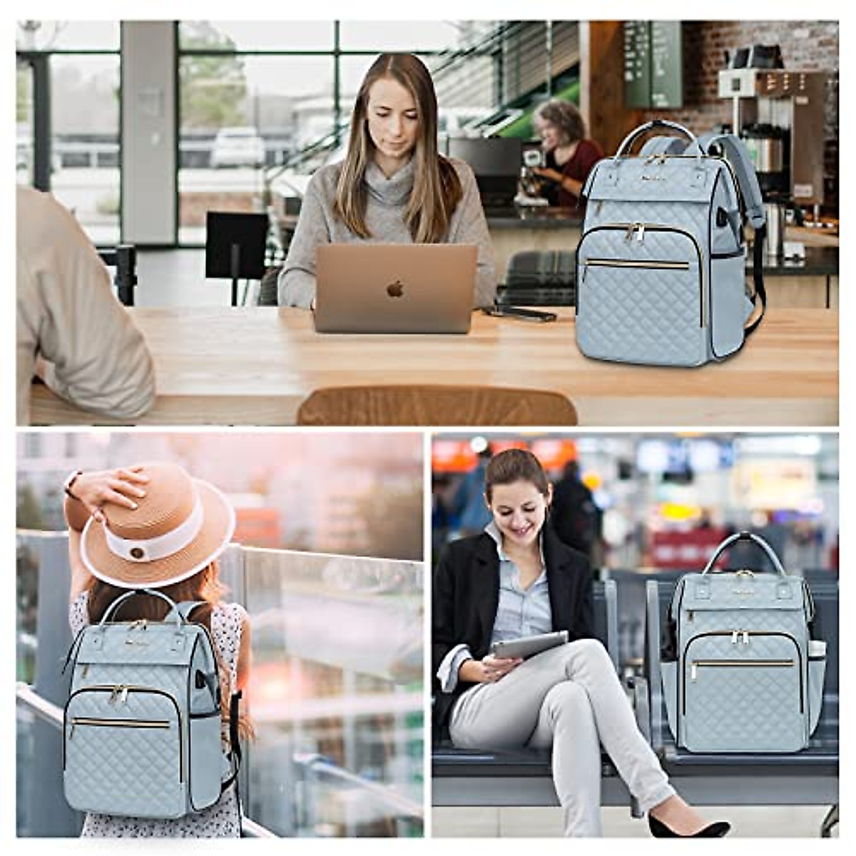 EMPSIGN Laptop Backpack for Women 17 Inch Travel Backpack, Large Capacity 40L Compuer Quilted Backpack Purse, Waterproof Stylish Business College Backpack with USB Port, Quilted Blue