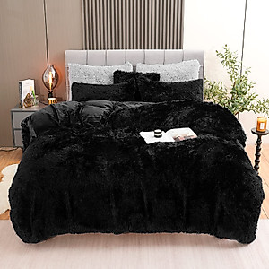 Fluffy Plush Black Duvet Cover Set, Luxury Ultra Soft Velvet Fuzzy Comforter Cover Bed Sets 4Pcs(1 Faux Fur Duvet Cover + 2 Pillow Cases + 1 Pillow Cover) Zipper Closure (Queen, Black)