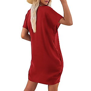 Amoretu Travel Tresses for Women 2024 V Neck Short Sleeve Dresses Solid Cute Dresses Ladies L Red