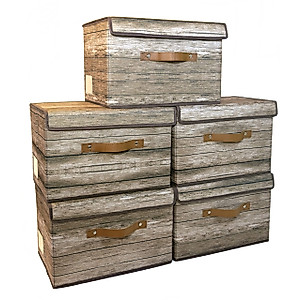 KaleaBoutique KB Foldable Storage Bins with Lids Fabric Collapsible Stacking Boxes, Closet Organizers Storage, Laundry Room Bins, Office Home Storage Bins (Set of 5 Bins, Reclaimed Wood)