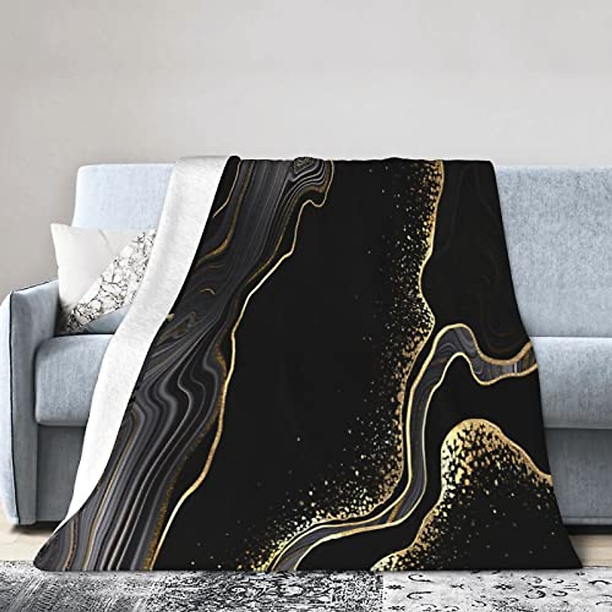 Black and Gold Fleece Blanket Throw Blanket, Ultra-Soft Cozy Micro Fleece Blanket for Sofa, Couch, Bed, Camping, Travel, & Car Use-All Seasons Suitable80 X60