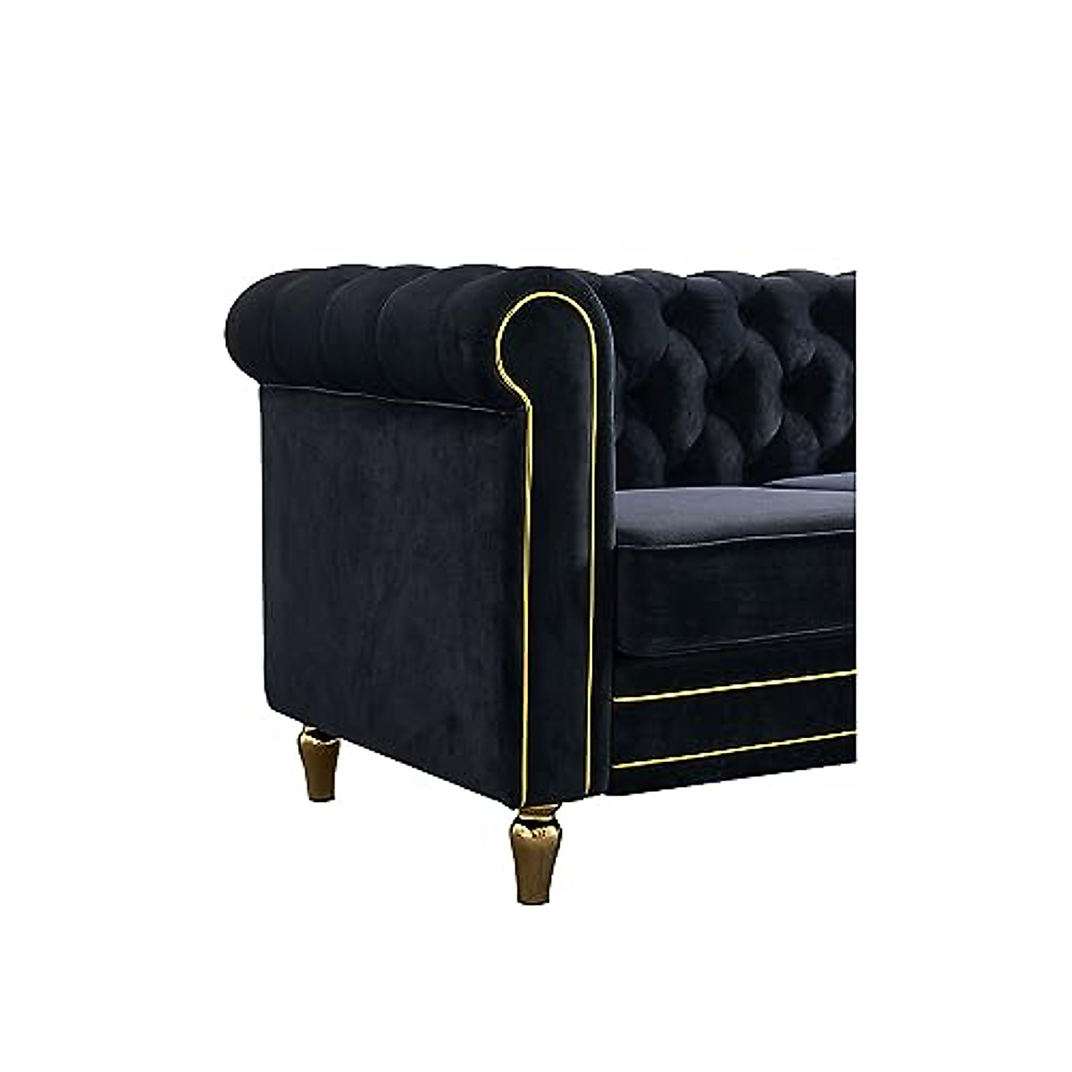 Goohome 84.65" Chesterfield Sofa, 3-Seater Velvet Deep Button Tufted Sofá Upholstered Love Seat Couches with Rolled Arm, Gold Strip Trim, for Bedroom Office Apartment Living Room Furniture, C-Black