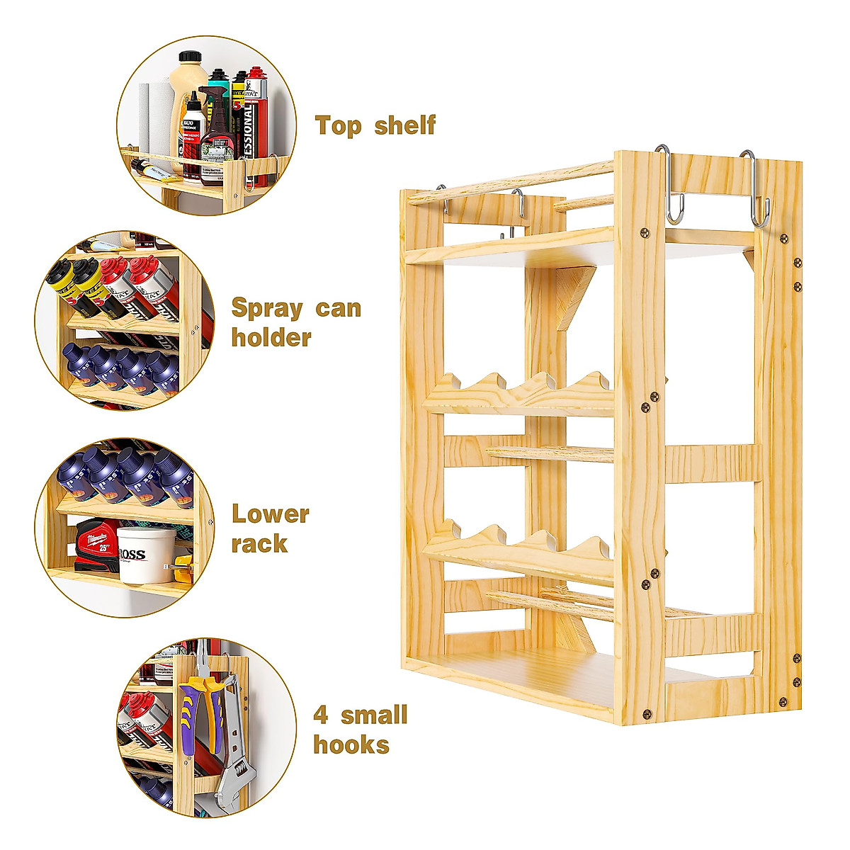 Nisorpa Spray Can Rack Holder Wooden Paint Bottle Organizer Lube Can Wall Mount Storage Rack Tool Storage Rack with 4 Hooks & 2 Selves for Garage & Workshop