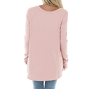 Womens Tunic Tops Long Sleeve Round Neck Soft Loose Long Blouse Shirts Side Split Casual T Shirt Pink