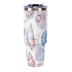 Watercolor Seashell Pattern Insulated Tumblers with Handle Stainless Steel Coffee Mug Funny Travel Cup with Lid Straw 40oz