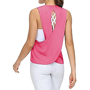 THE GYM PEOPLE Women's Open Cross Back Workout Tank Tops Loose Fit Sleeveless Yoga Running Shirts Bright Pink