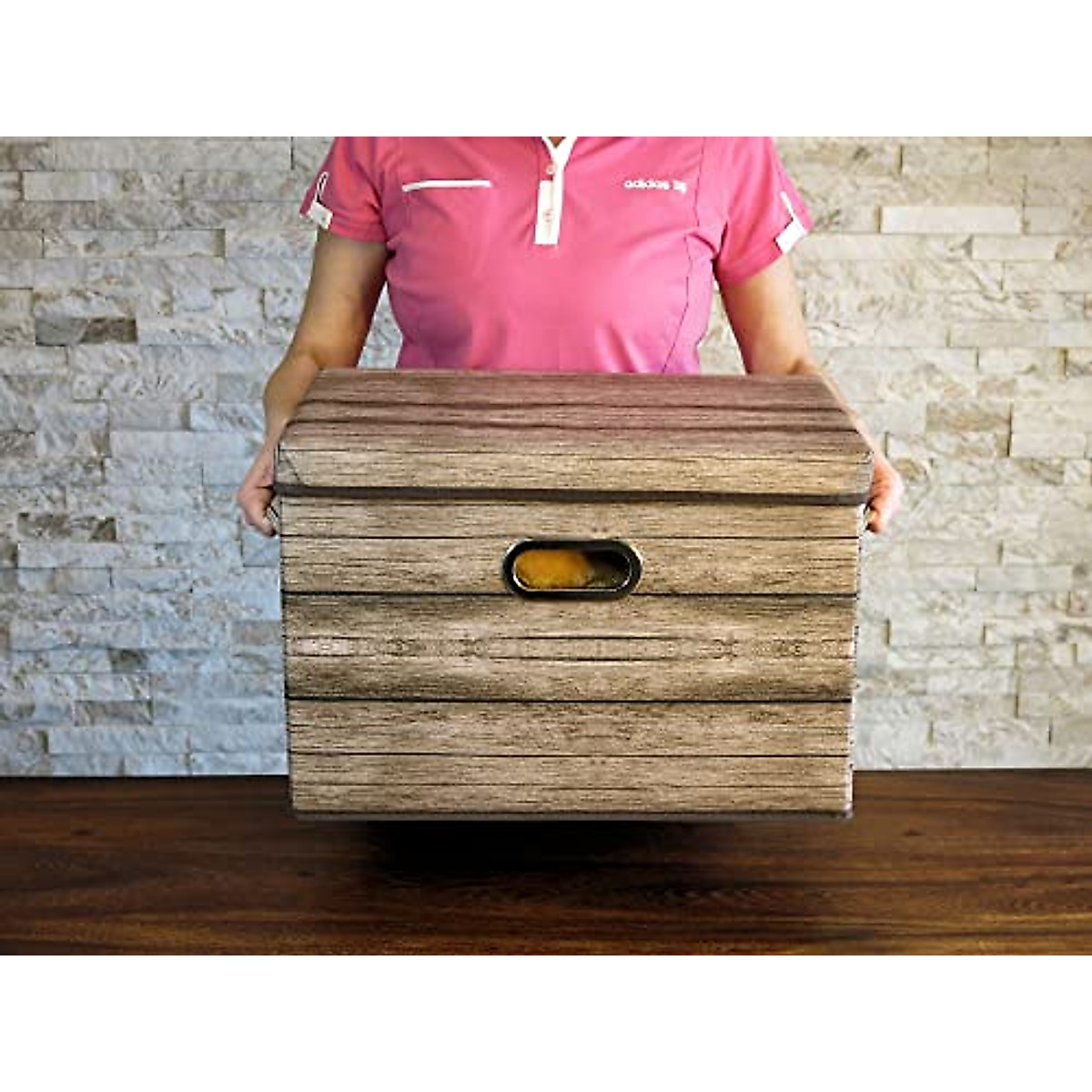 KB X-Large Extra Large Collapsible Fabric Storage Bin with Lid, Foldable Storage Basket, Stackable Box Organizer Container for Closet, Office, Bedroom, Living Room (Set of 5 Bins, Reclaimed Wood)