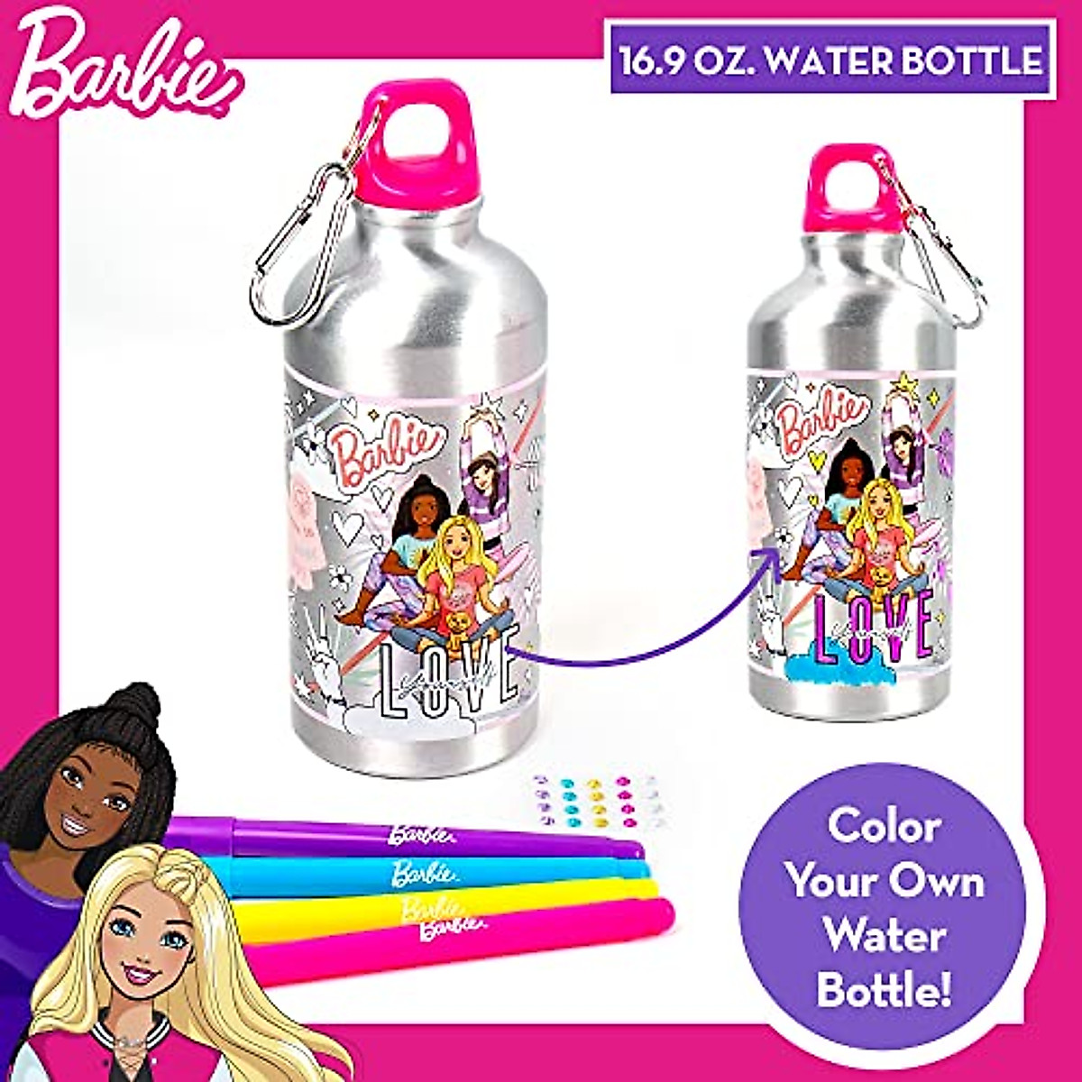 Horizon Group USA Barbie Color Your Own Water Bottle, Great For Travel & Road Trips, Sports & School, Creative Gift Idea, Arts & Crafts Activity Kids Ages 6, 7, 8, 9, 10