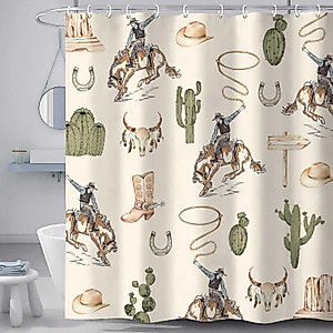 Torich Western Cowboy Shower Curtain for Bathroom, Vintage Riding Horse Cactus Desert Country Decor Bath Curtains, Fabric Farmhouse Waterproof Accessories Set Curtains with Hooks, 69X72in