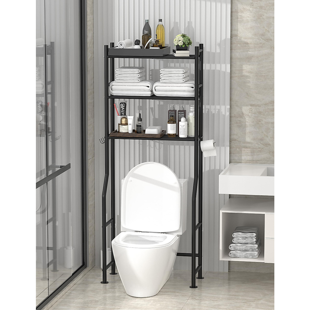 Livilord Over Toilet Storage Shelf, 3-Tier Freestanding Over The Toilet Storage, Metal Bathroom Shelves with Paper Holder and 4 Hooks, Above Toilet Shelf for Bathroom Storage, Black