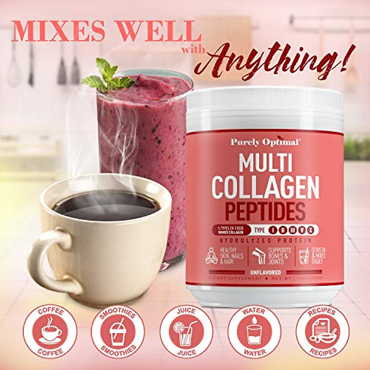 Purely Optimal Premium Multi Collagen Powder - 5 Types of Hydrolyzed Collagen Peptides with Biotin, Hair Skin and Nails Vitamins, Bone & Joint Support - Keto-Friendly, Unflavored (16 oz)