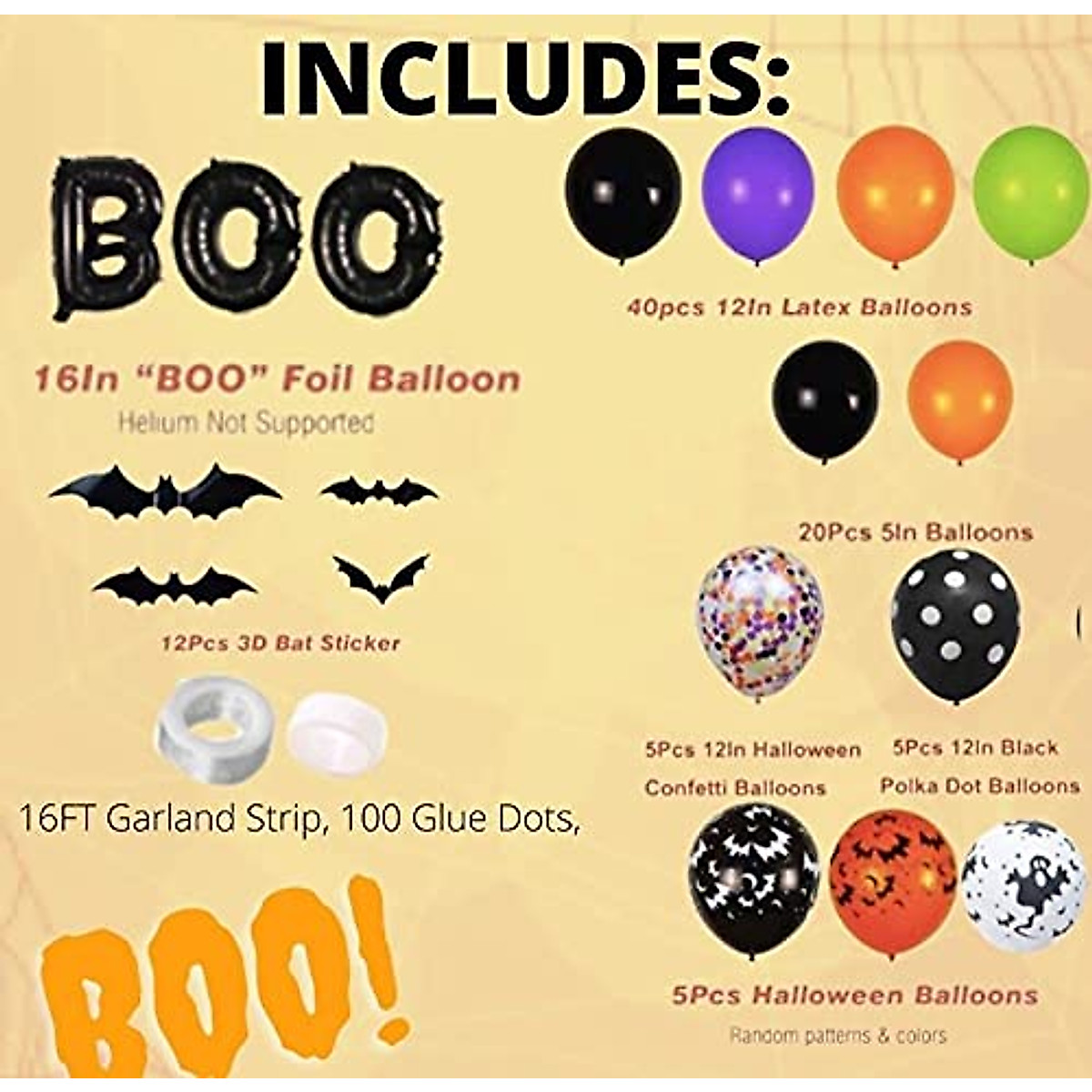 92 Pc BOO Foil, Bat, Latex, Confetti Halloween Balloon Garland Kit-Purple,Green, Orange, Confetti, Black, Polka Dots